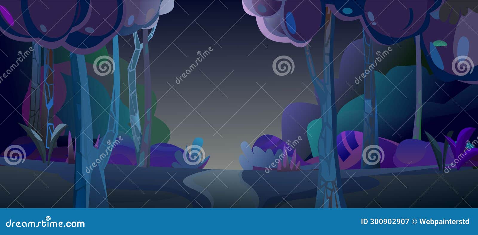 Path in Night Forest. View of Trees. Scenery Landscape. Fun Cartoon ...