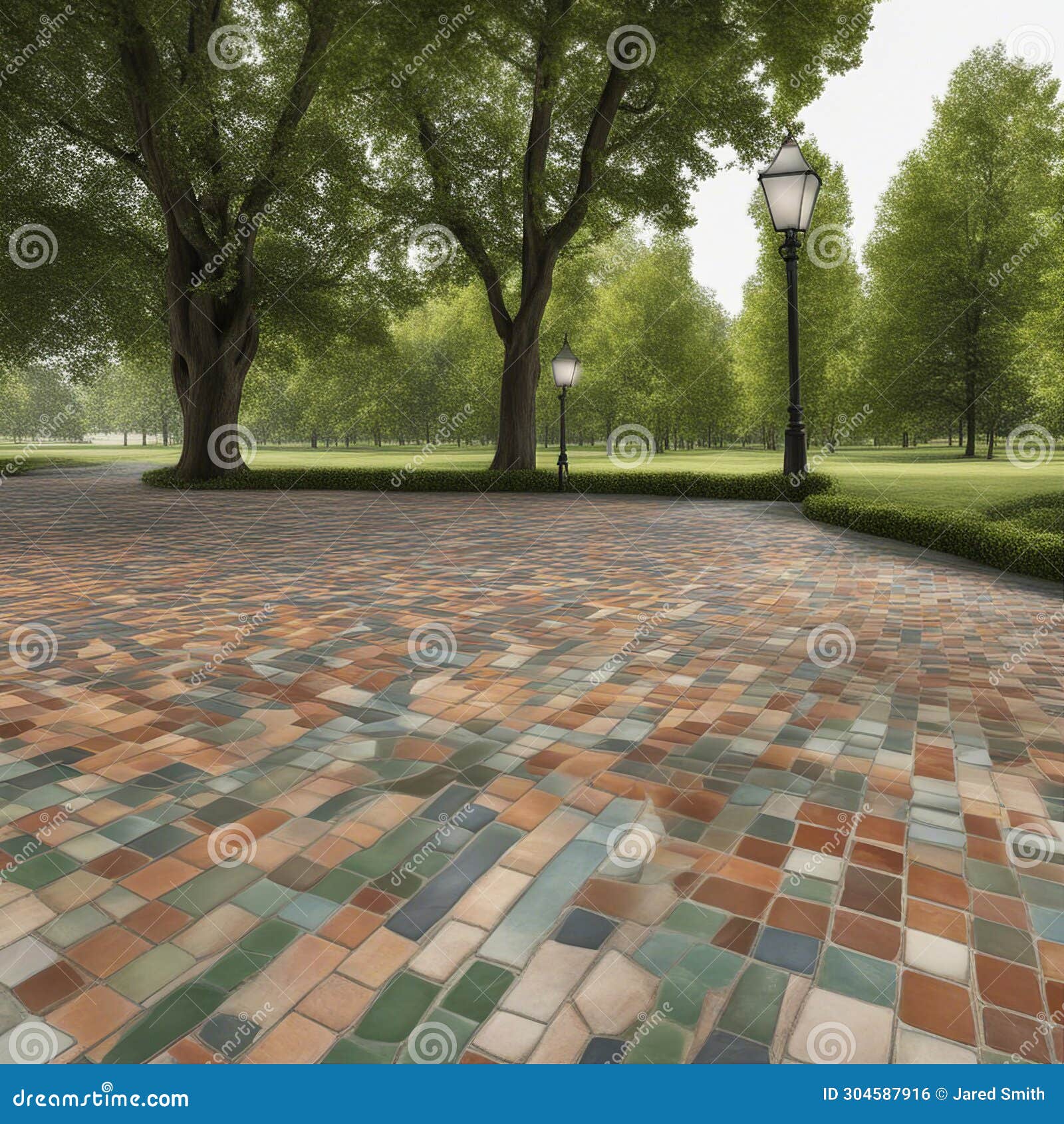 A Red Brick Walkway Next To A Body Of Water. Generative AI Image. Stock ...
