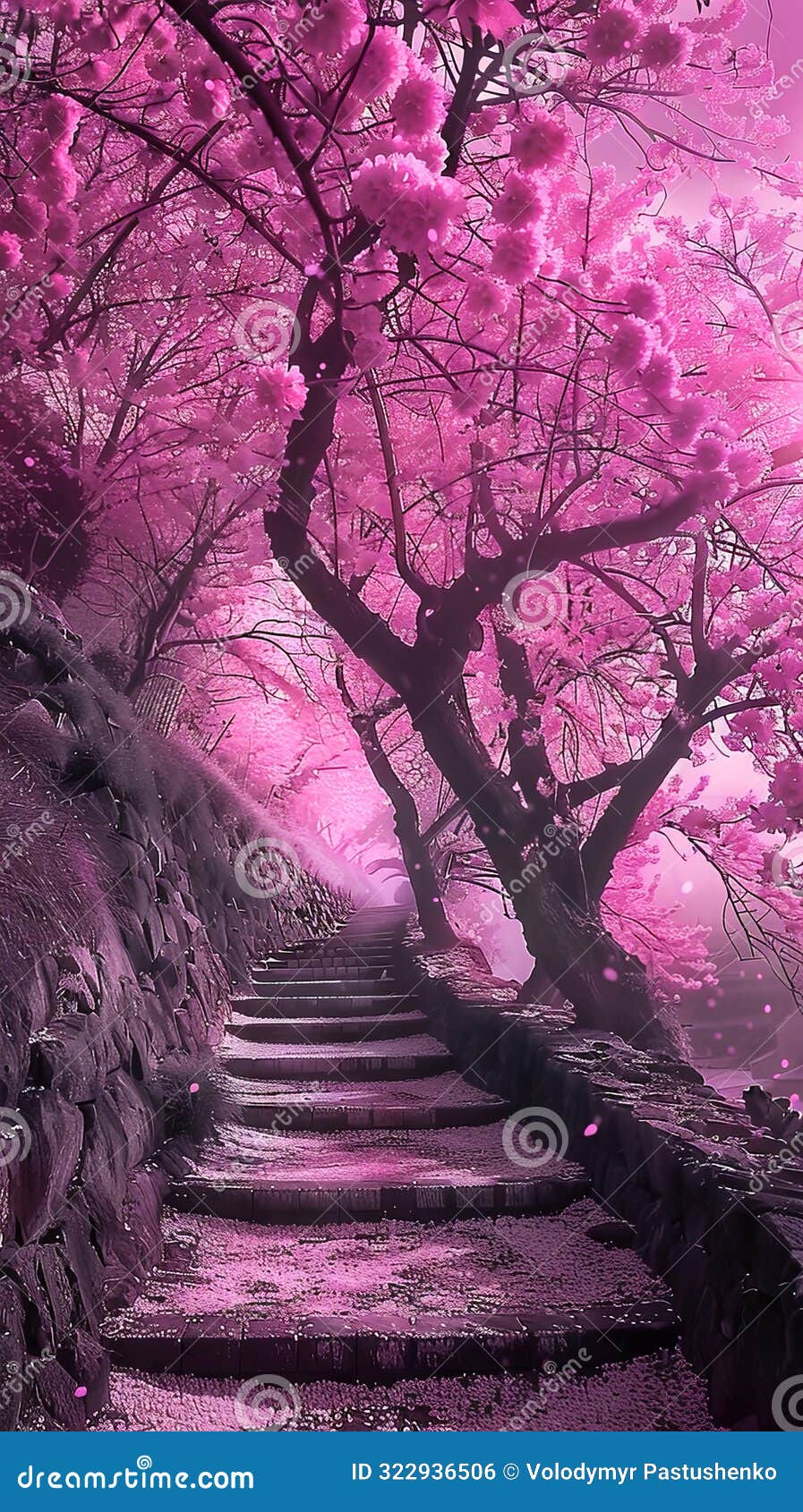 A Path with Pink Trees and Stairs Leading To Them Stock Photo - Image ...