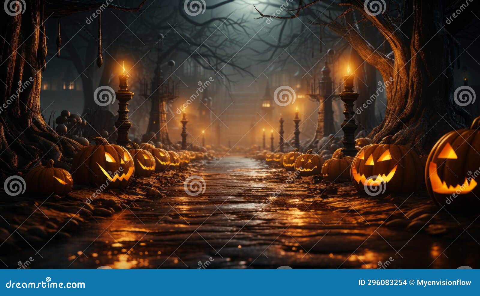 A Path with Pumpkins and Candles in the Middle of a Forest Stock ...