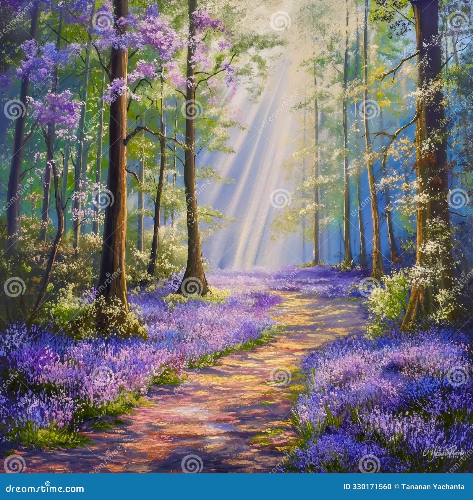 Path through Purple Forest in the Morning Sun, Illustration Stock Photo ...