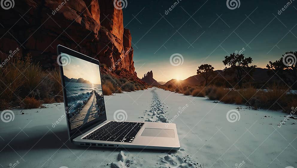The Path or Road on Laptop Screen. Human Civilization Progress with ...