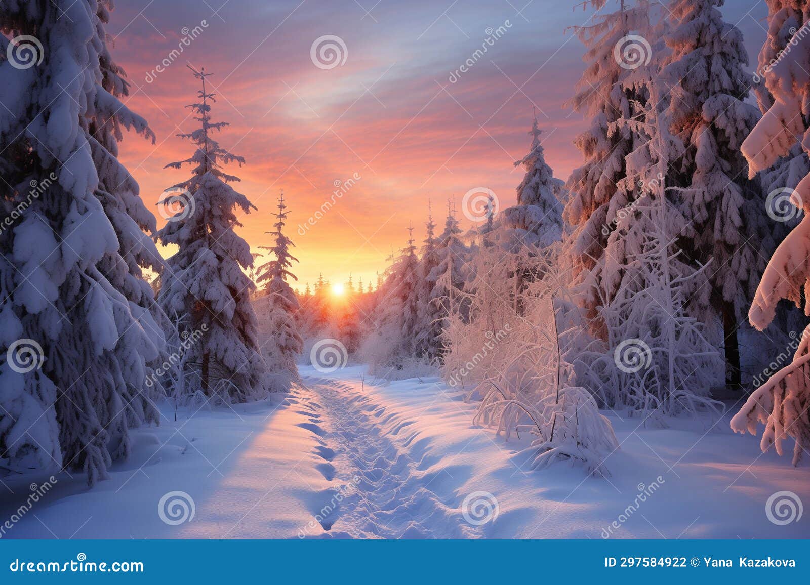 Path in a Snowy Forest at the Sunset Stock Illustration - Illustration ...