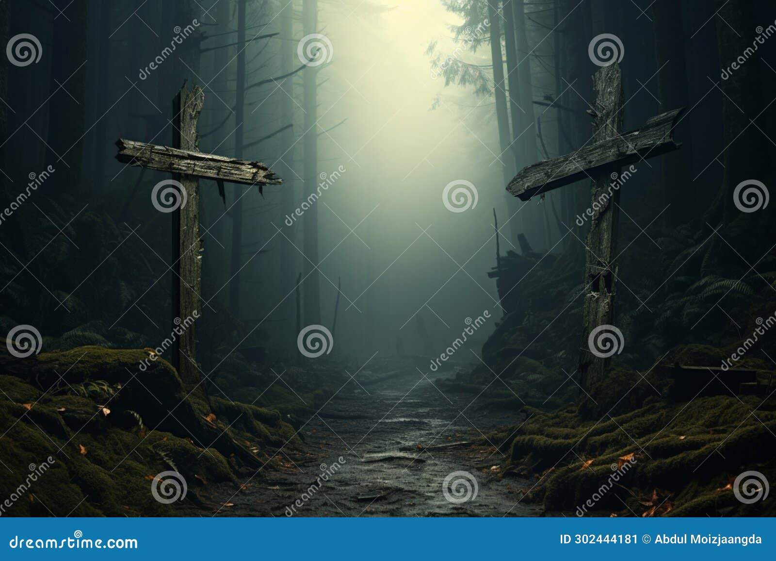 Path Splitting into Two in a Foggy Forest, 3D Rendering Stock ...