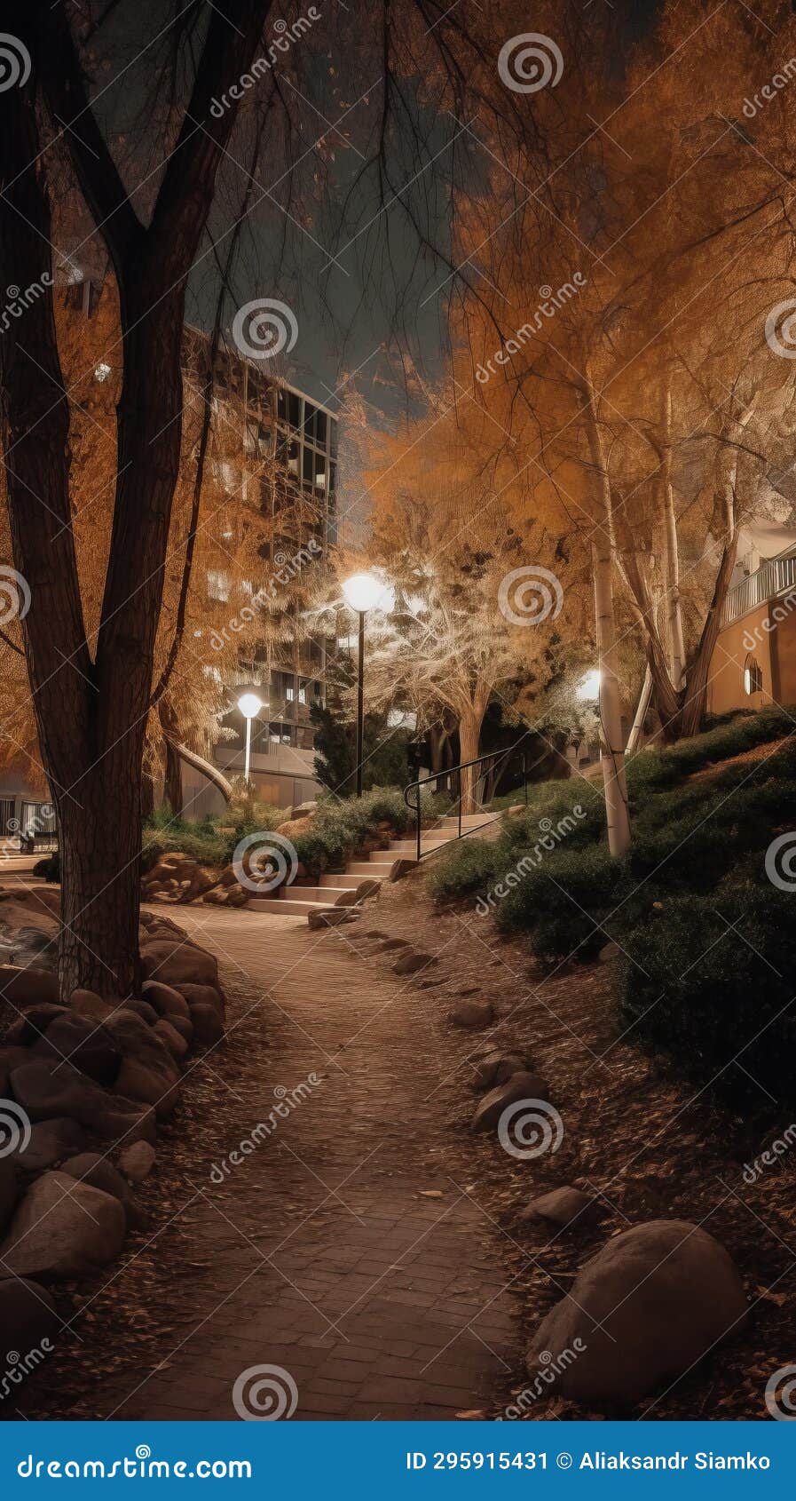 A Path with Stairs and Trees at Night Stock Image - Image of outdoors ...