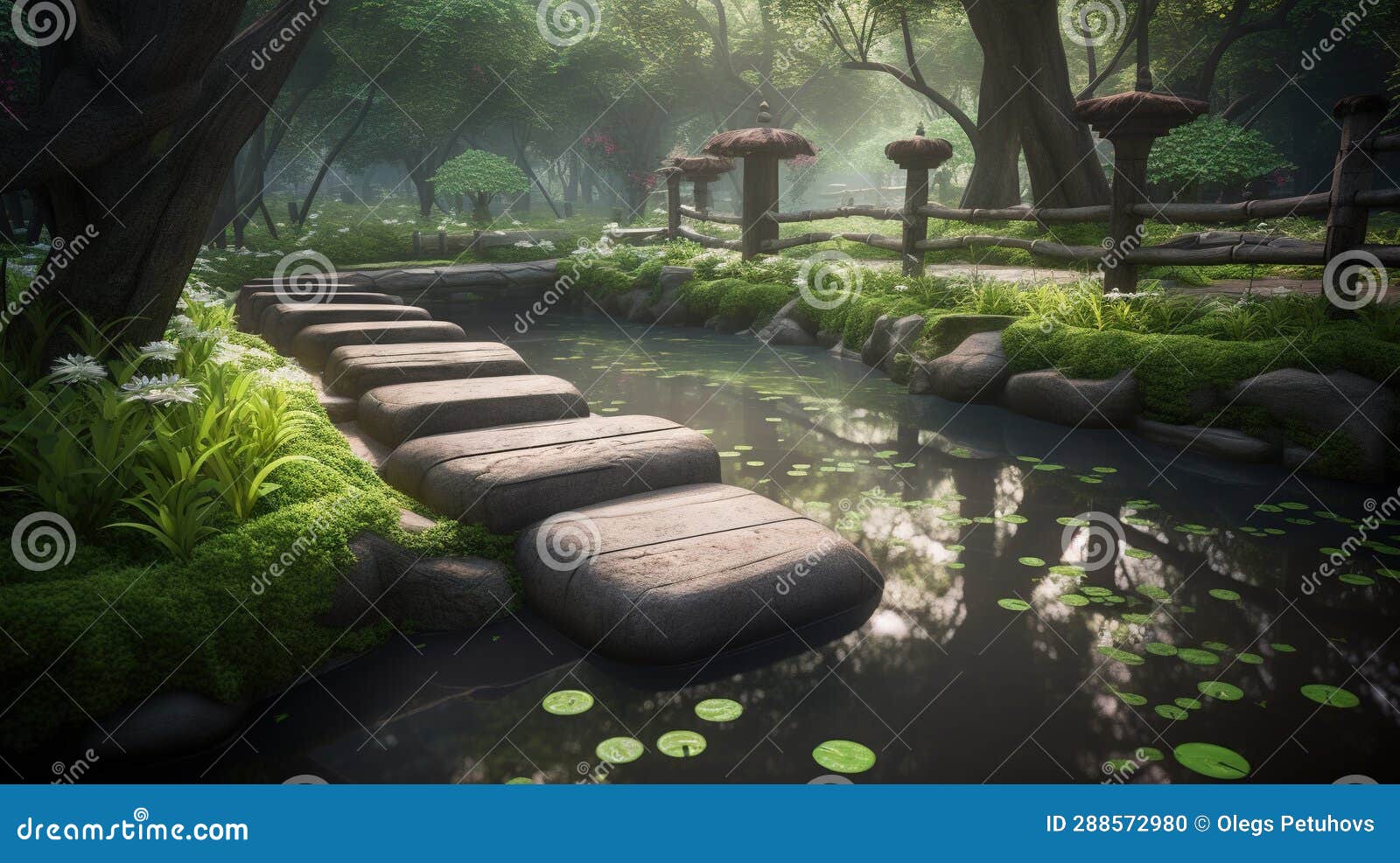 A Path of Stepping Stones in a Garden with Lily Pads Stock Illustration ...