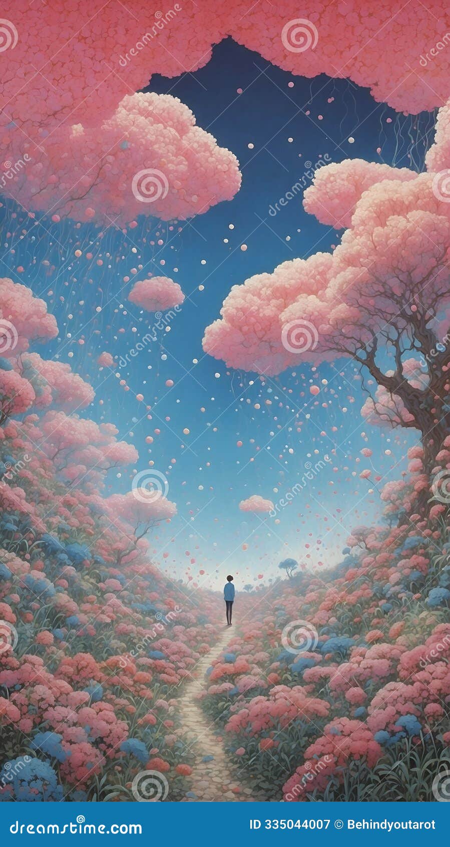 A Path Surrounded by Pink, Fluffy-looking Trees Under a Blue Sky with ...