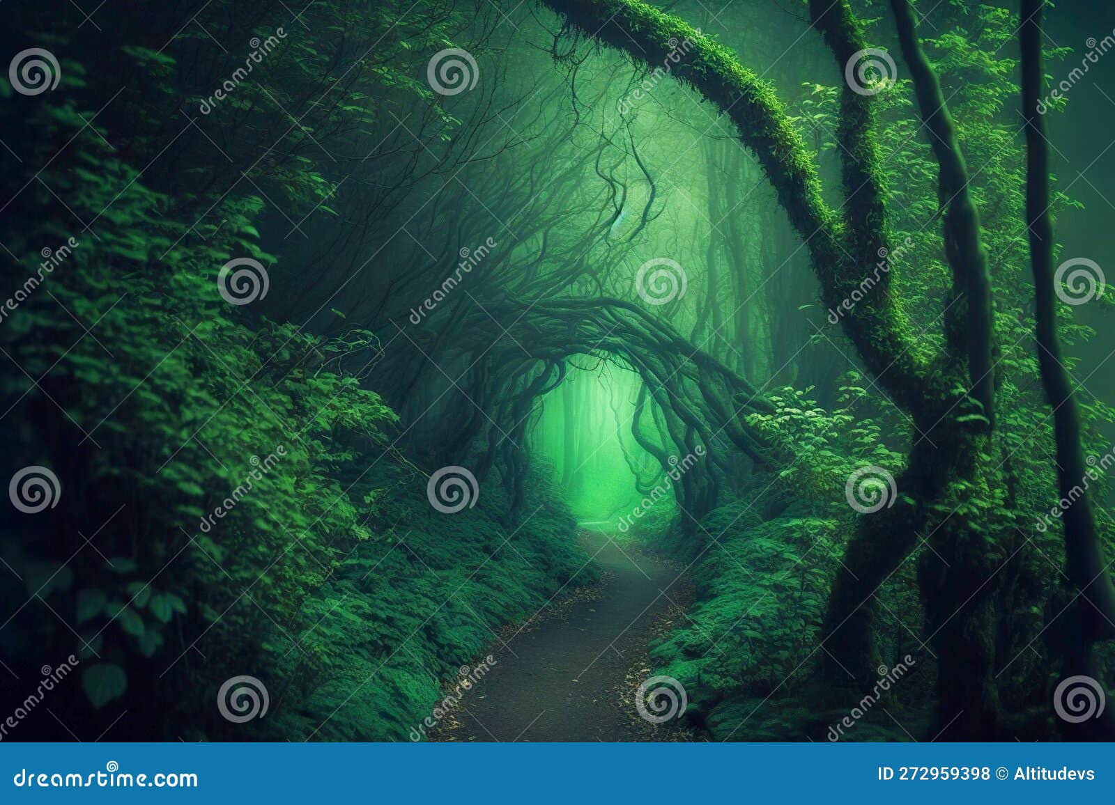 Path To Another Dimension in Dense Green Misty Forest Stock Illustration - Illustration of ...