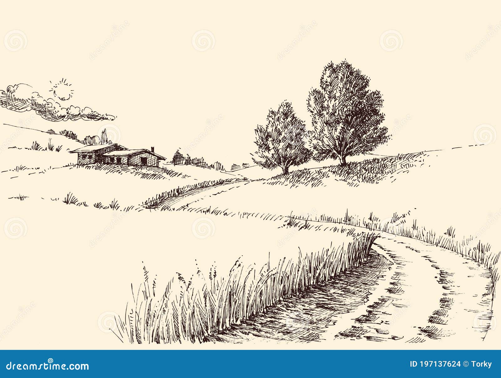 A path to a farm landscape stock vector. Illustration of crop - 197137624