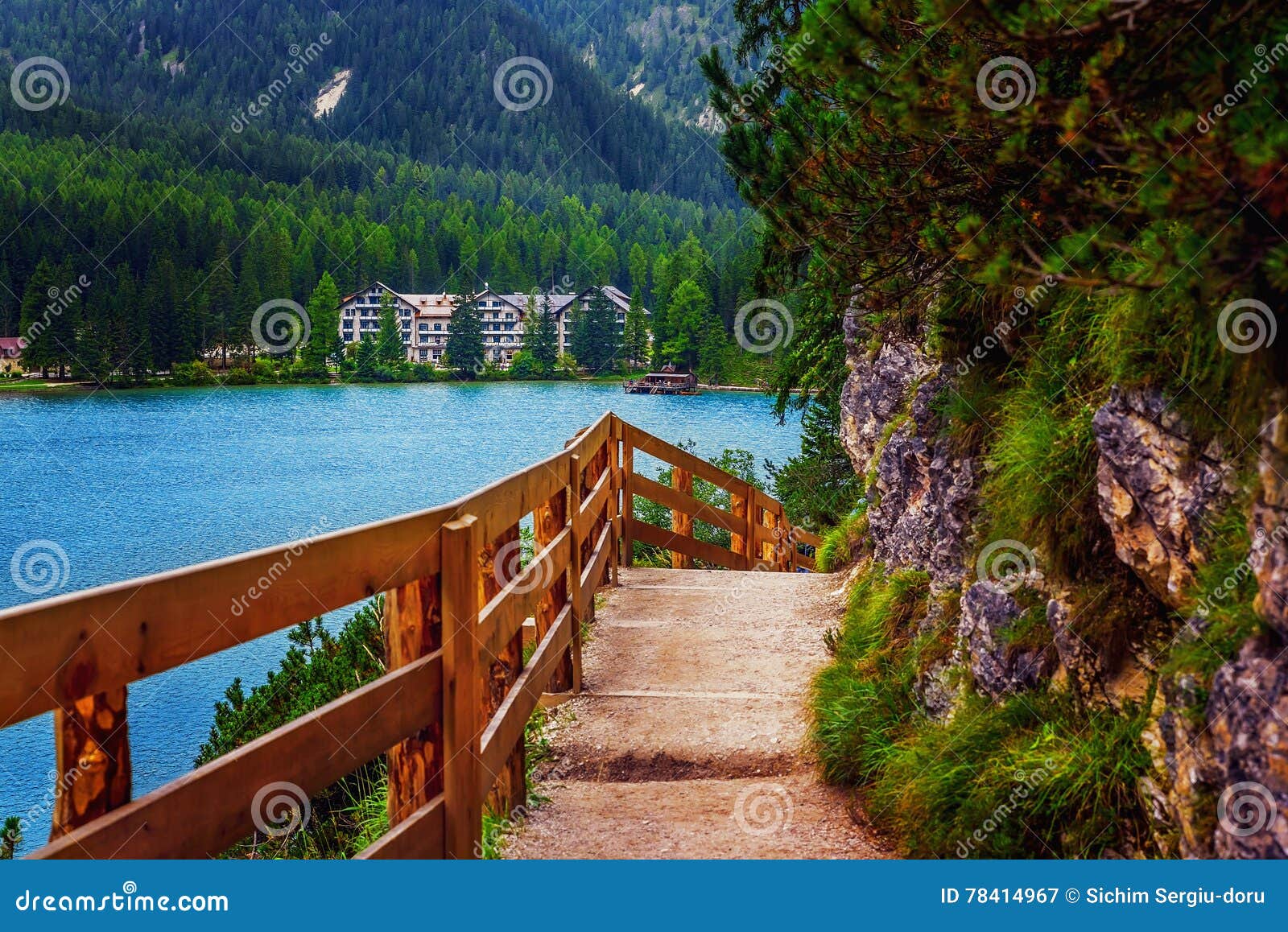 Path to the lake stock image. Image of alps, rock, fence - 78414967