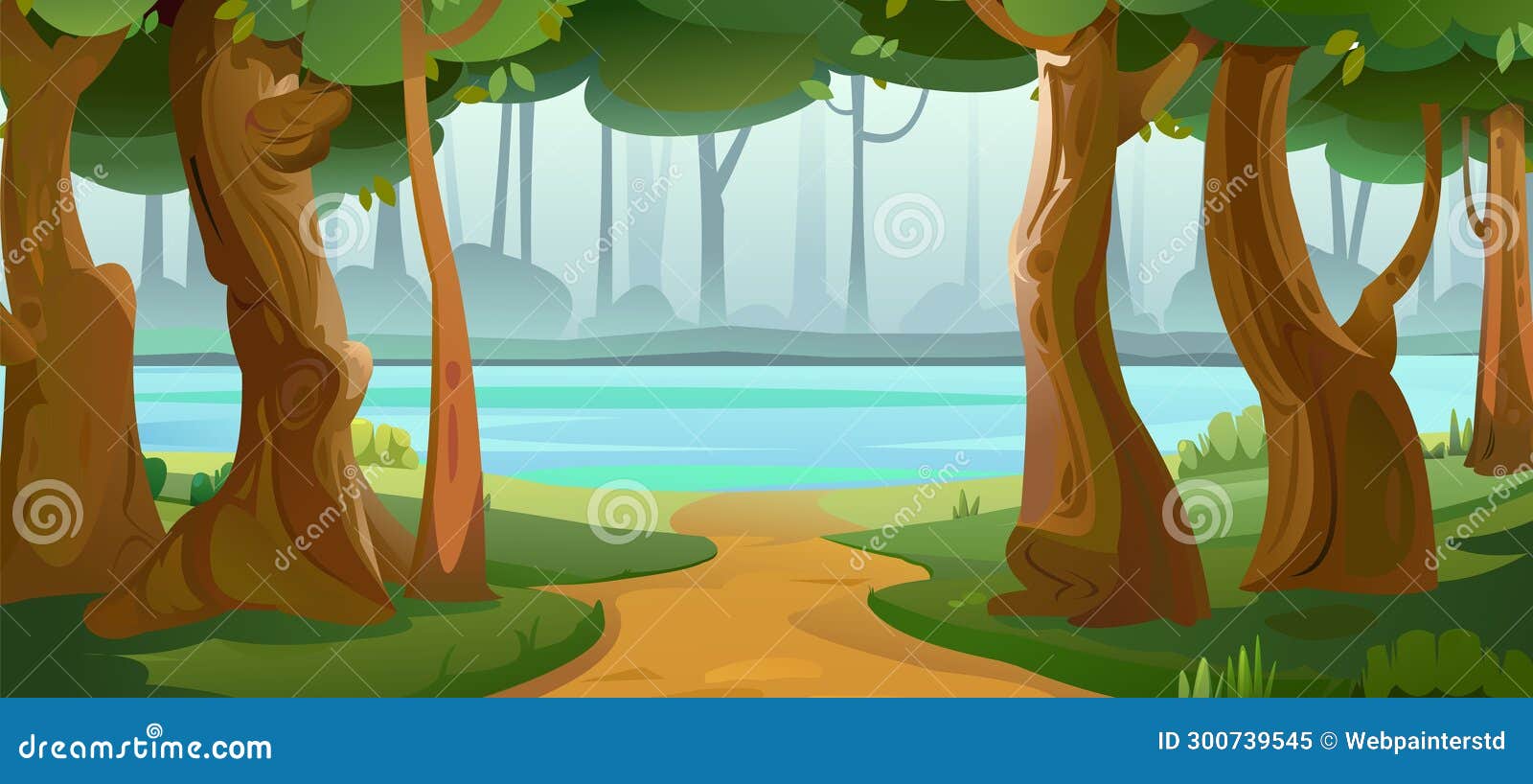 Path To River in Forest. View of Trees. Scenery Landscape. Fun Cartoon ...