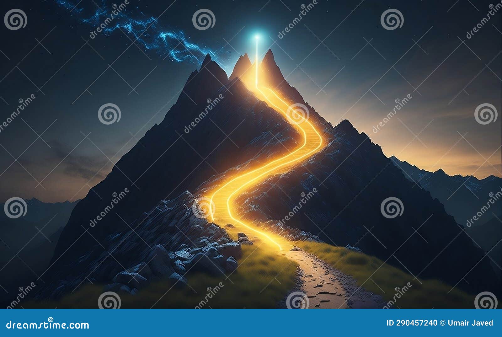 Path To Success Concept, with Glowing Light Path Going Up the Mountain ...