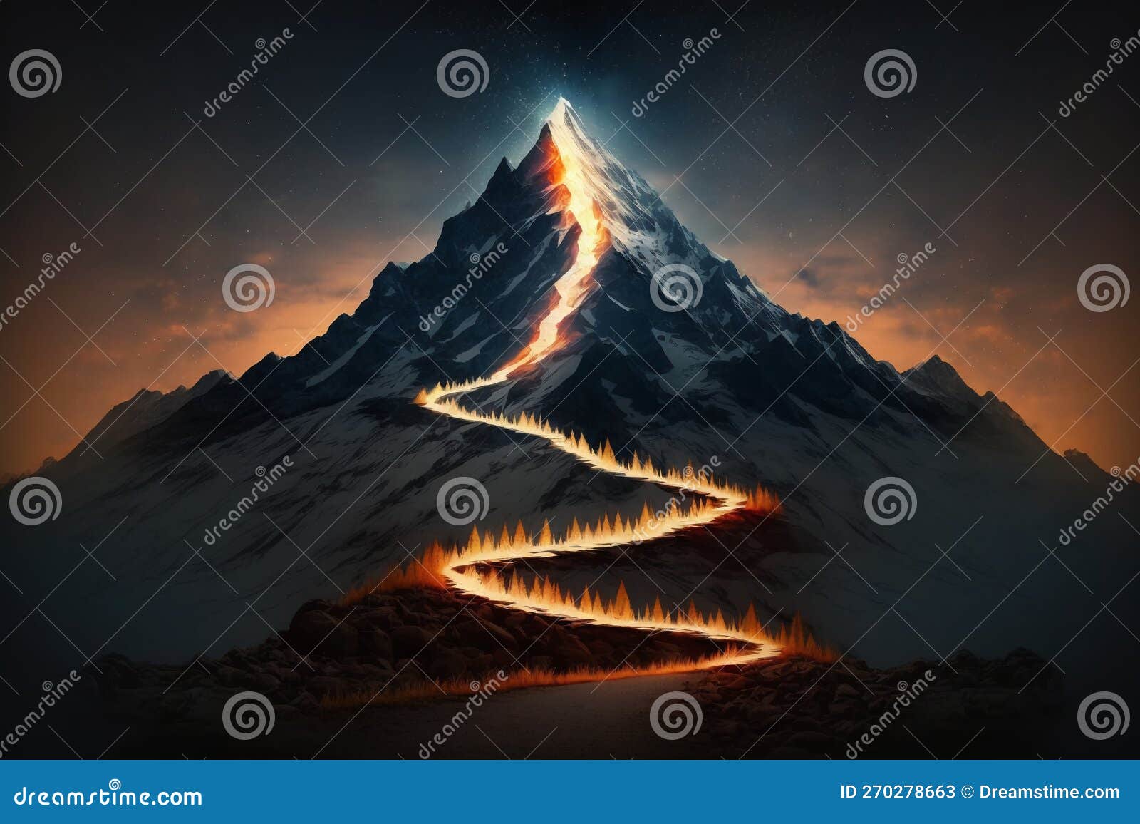 Path To Success Concept, with Glowing Light Path Going Up the Mountain ...