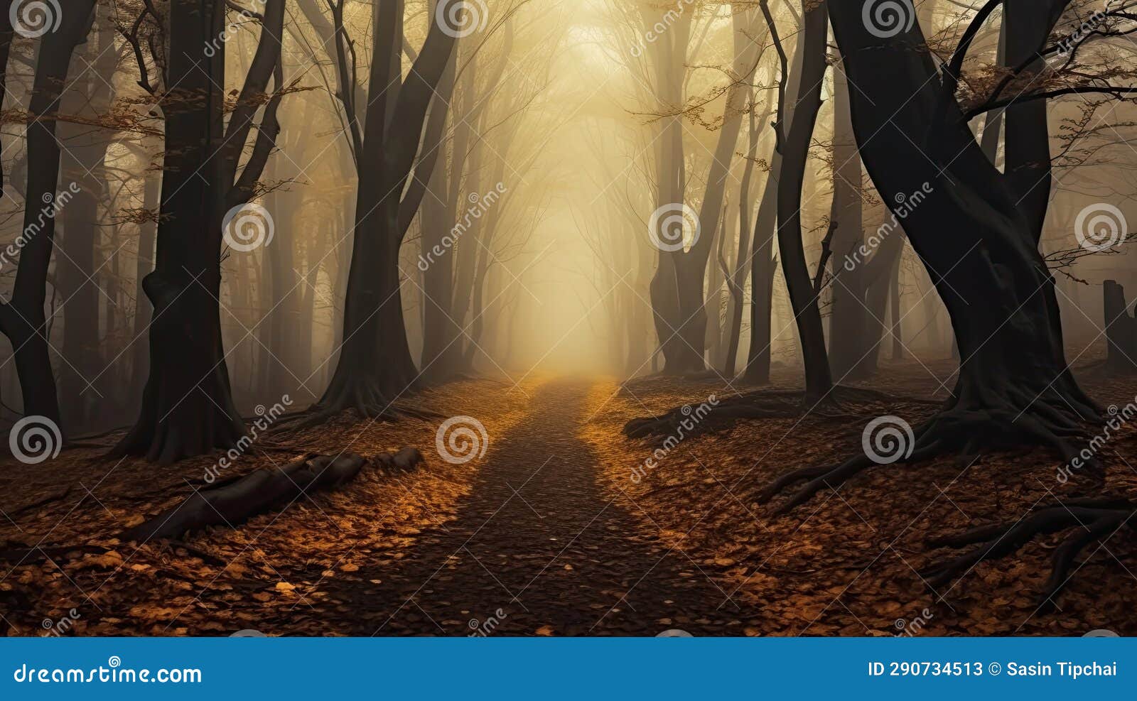 Path Trough a Strange Beautiful Forest with Fog in Autumn Stock ...