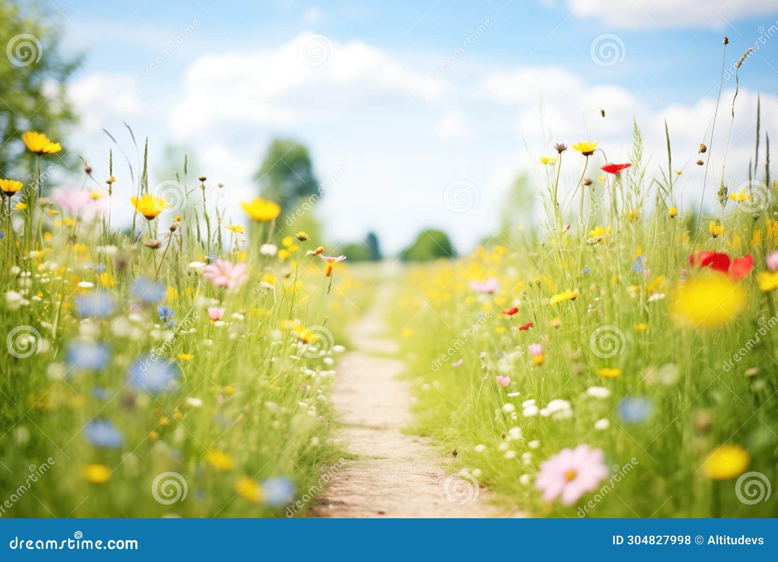 Path through Wildflower Meadow Under Sunny Skies Stock Photo - Image of tranquility, wildflowers ...
