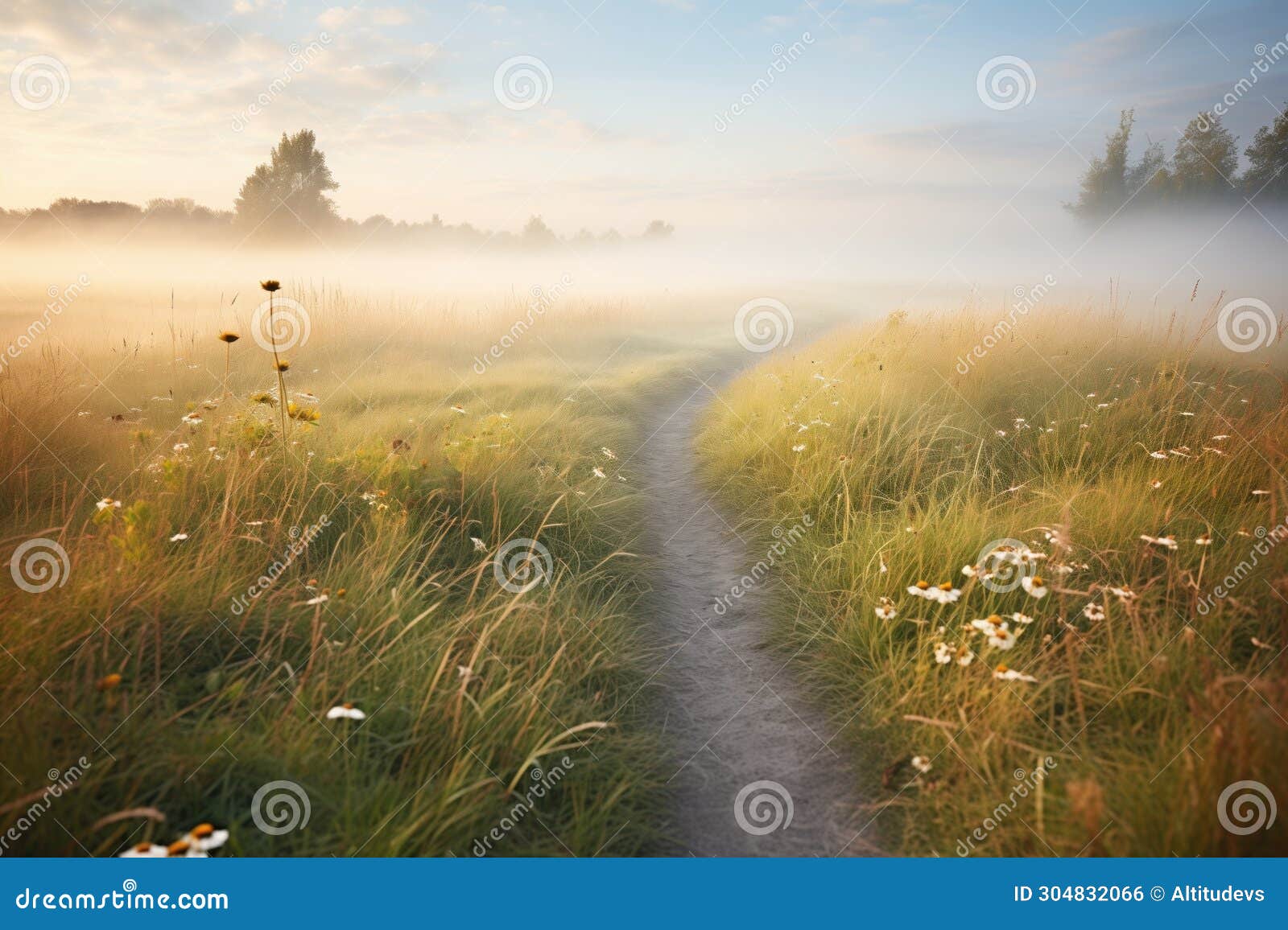 Path Winding through Meadow Disappearing into Fog Stock Photo - Image ...