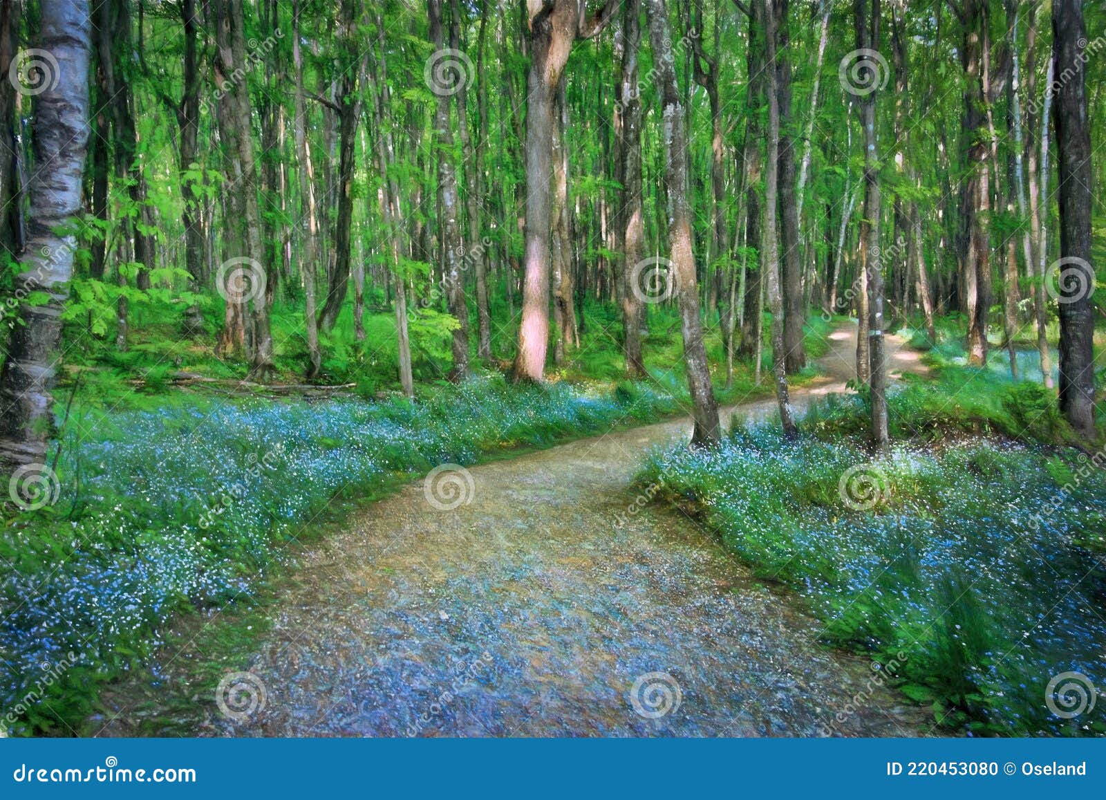 Path through Woods Lined with Forget-Me-Not Flowers in Summer. Digital ...