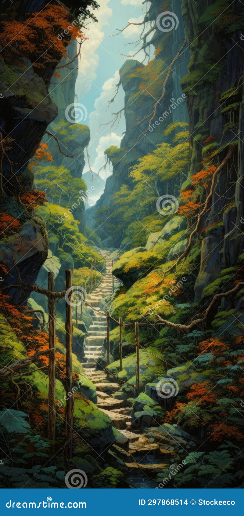 Miyazaki-inspired Fantasy Art: Serene Mountain Path with Peculiar Birch ...