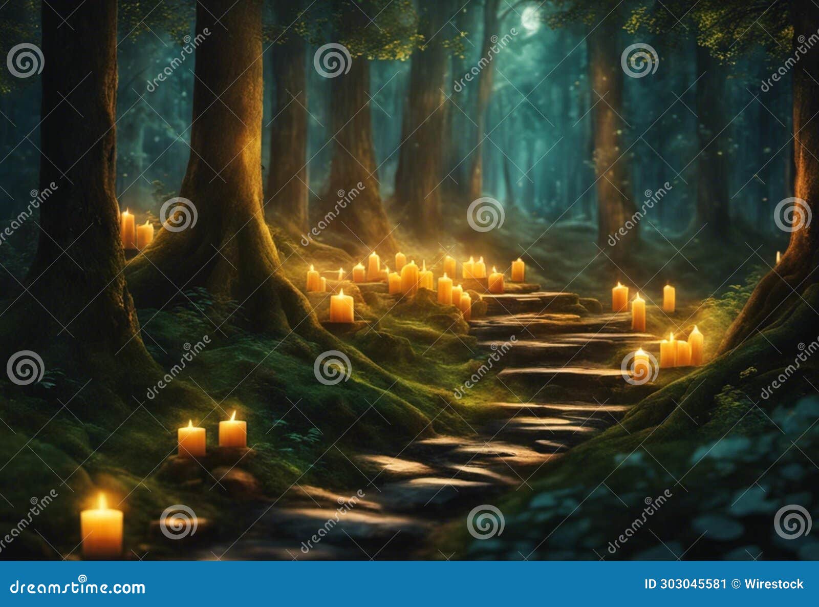 A Path through the Woods with Burning Candles in the Trees Stock ...