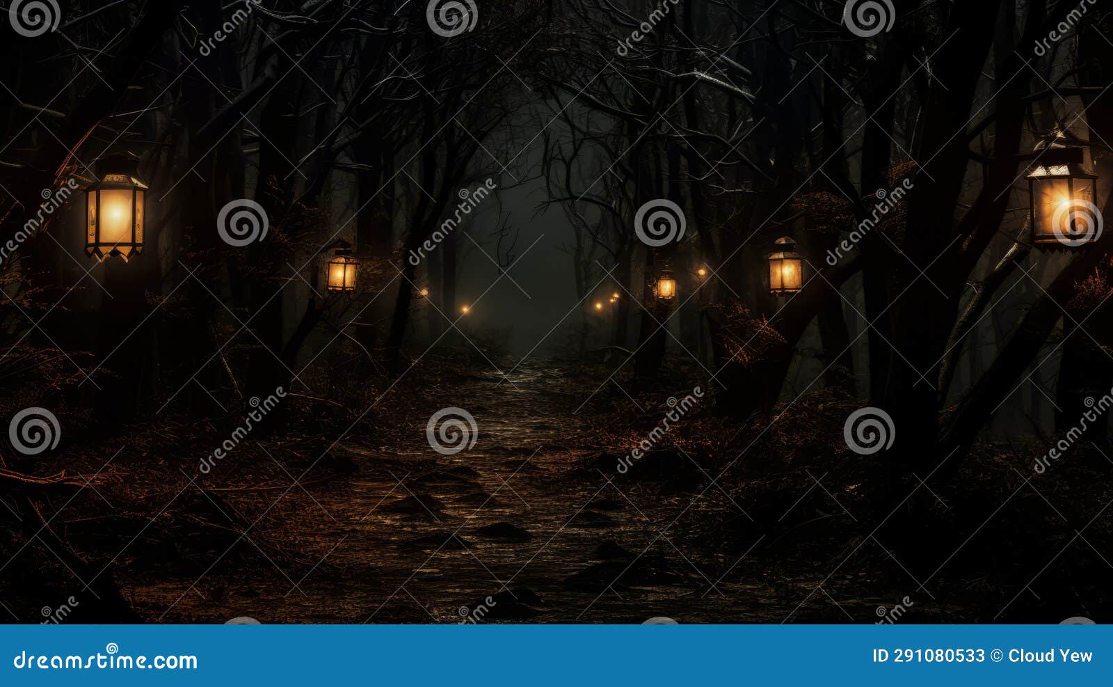 Path in the Woods with Lanterns Lit Up at Night Stock Illustration ...