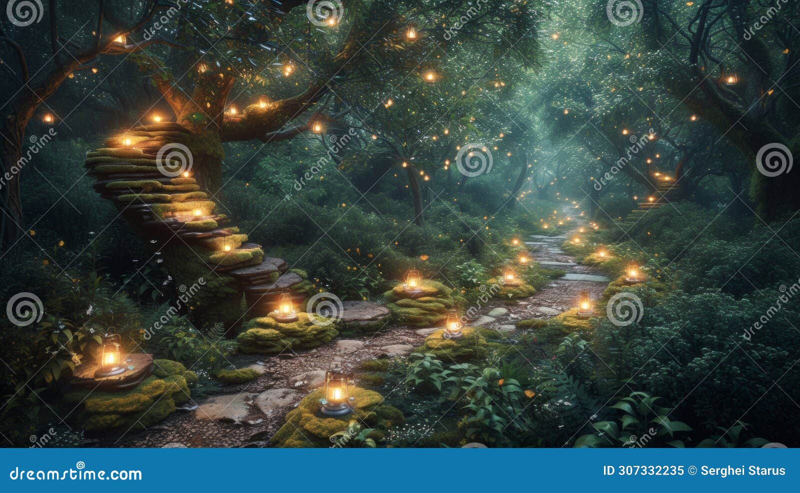 A Path in the Woods with Lit Candles and a Stone Pathway, AI Stock ...