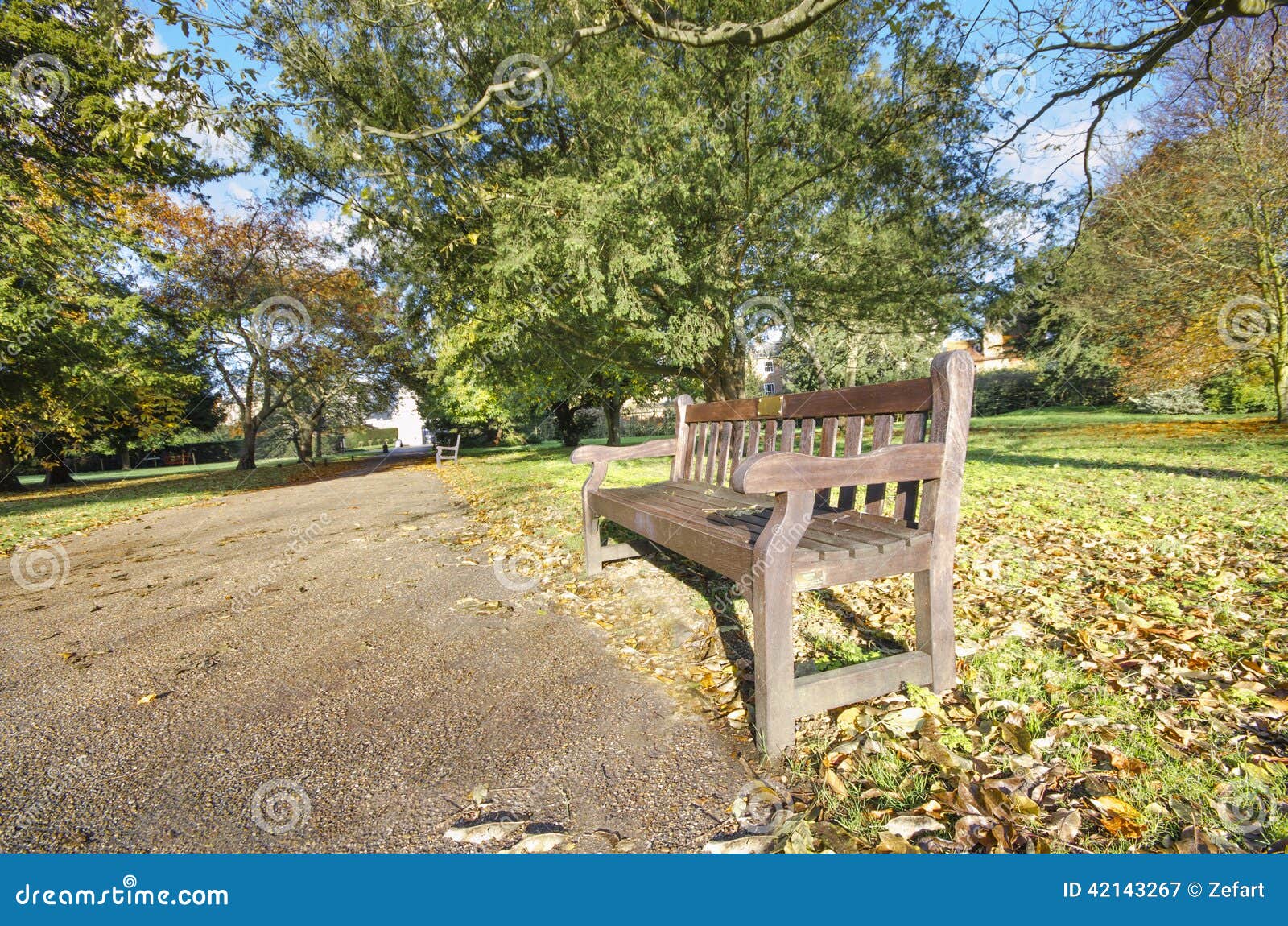Pathway Bench in a Public Park Stock Image - Image of city, flowers ...