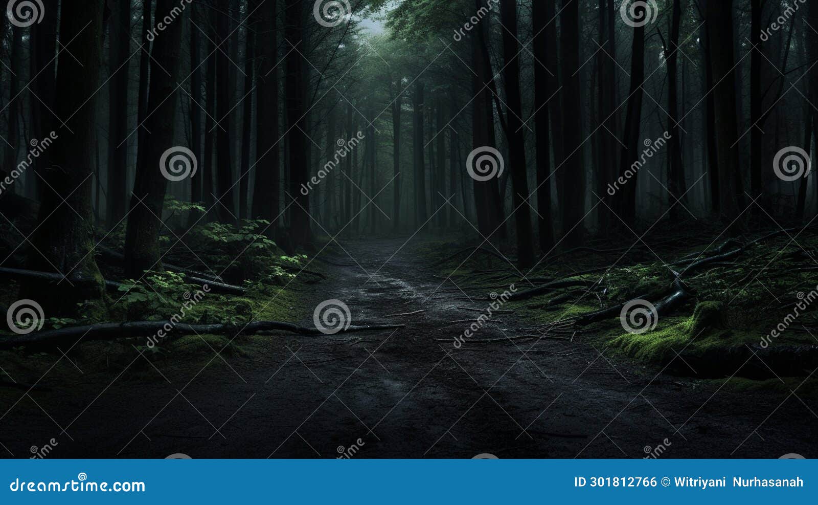 Pathway through a Dark Forest. a Dark and Moody Forest at Night with a ...