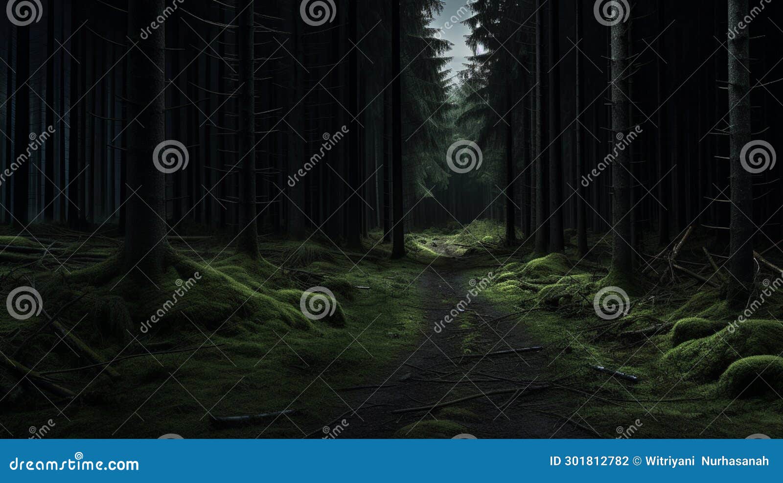 Pathway through a Dark Forest. a Dark and Moody Forest at Night with a ...