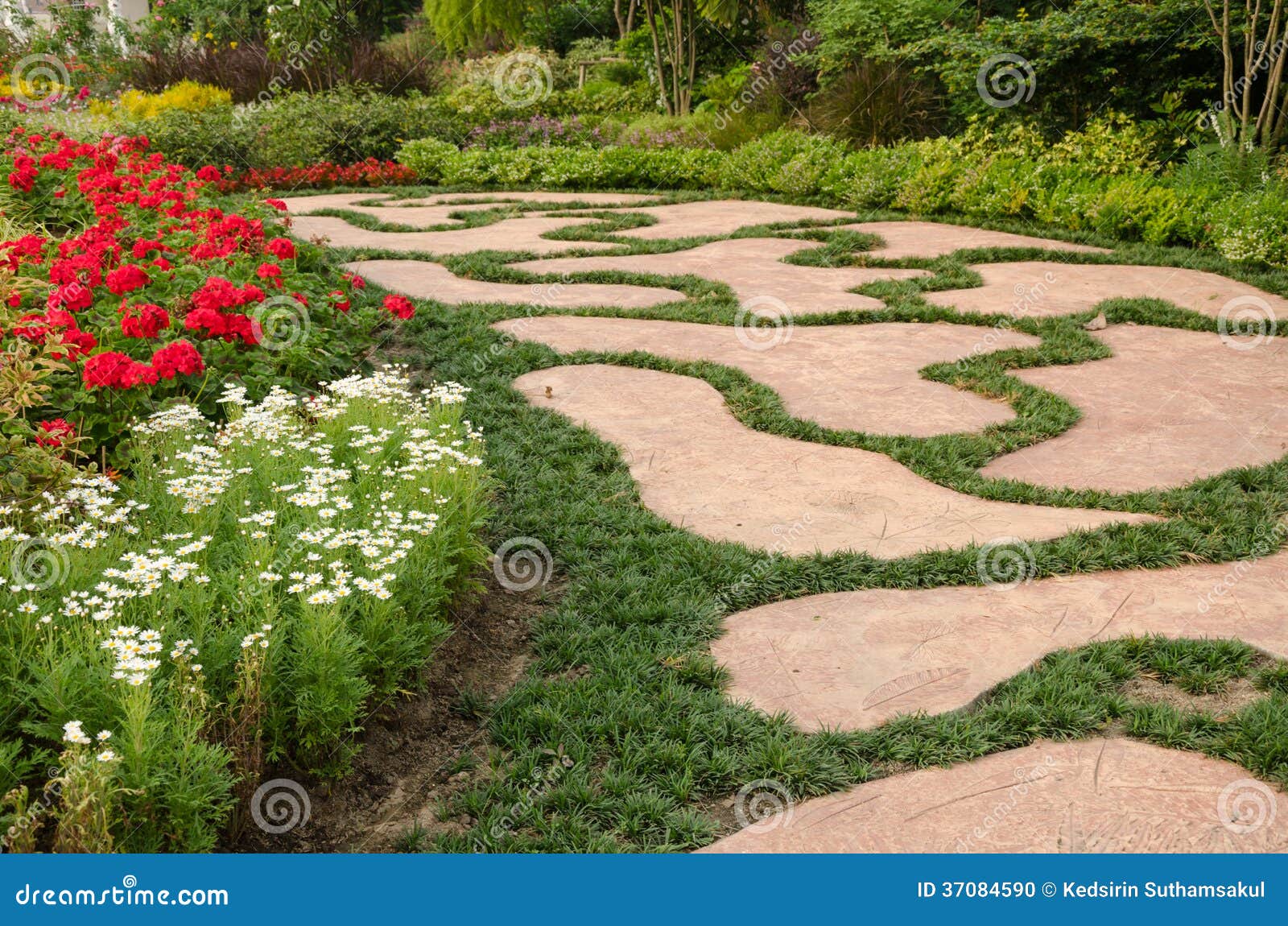 Pathway Design and Flowers in the Garden Stock Photo - Image of color ...