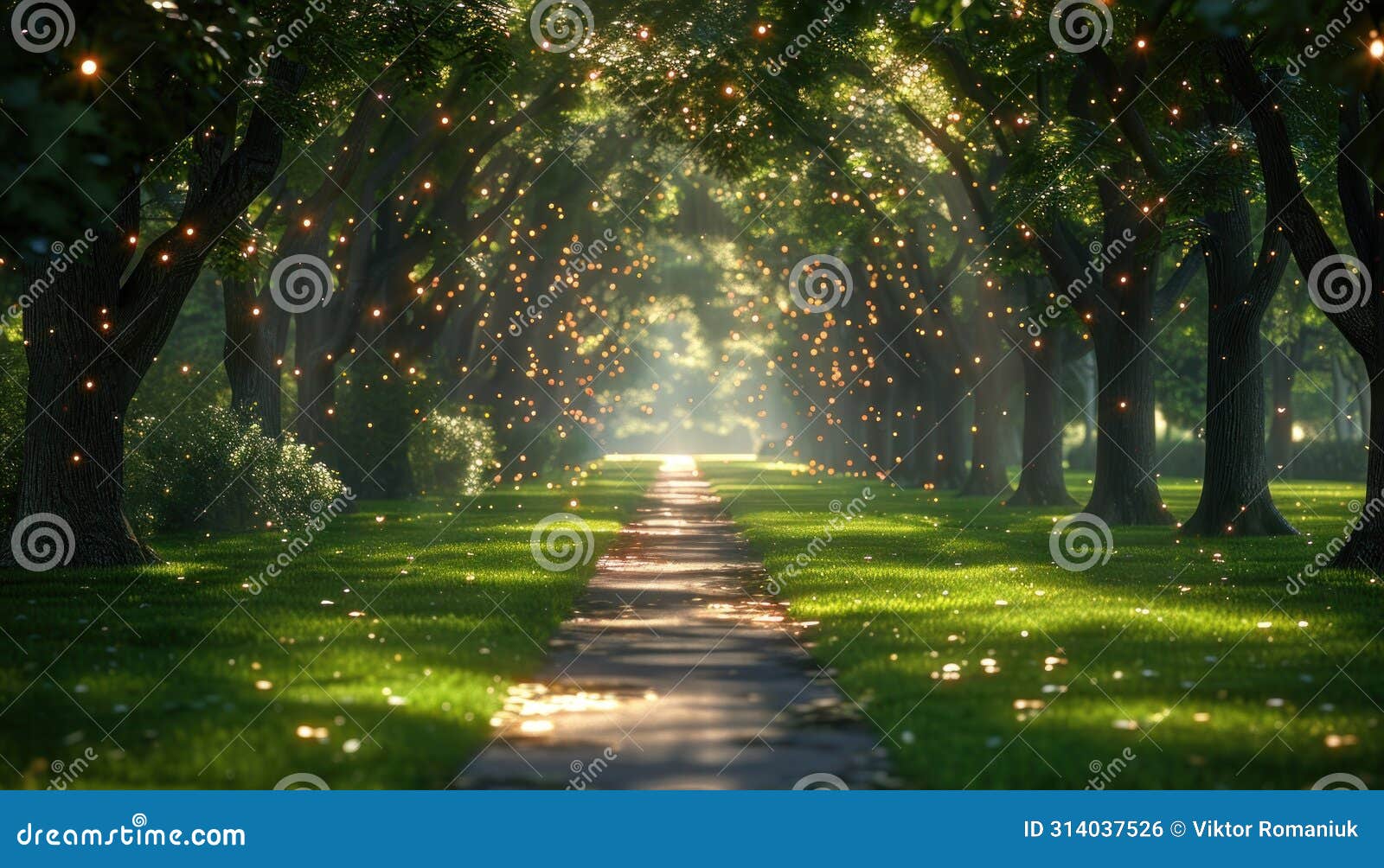 A Pathway Flanked by Trees and Illuminated with Lights Stock ...