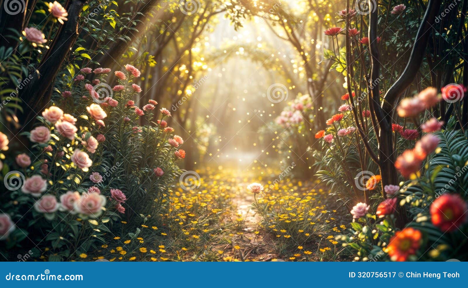 Pathway through a Flower-filled Forest Stock Image - Image of ...
