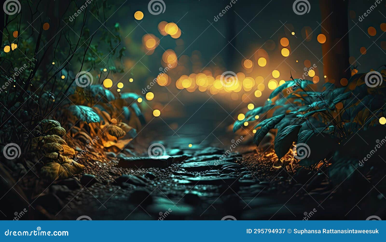 Pathway into the Forest Bright Lights on the Sidewalk Stock Image ...