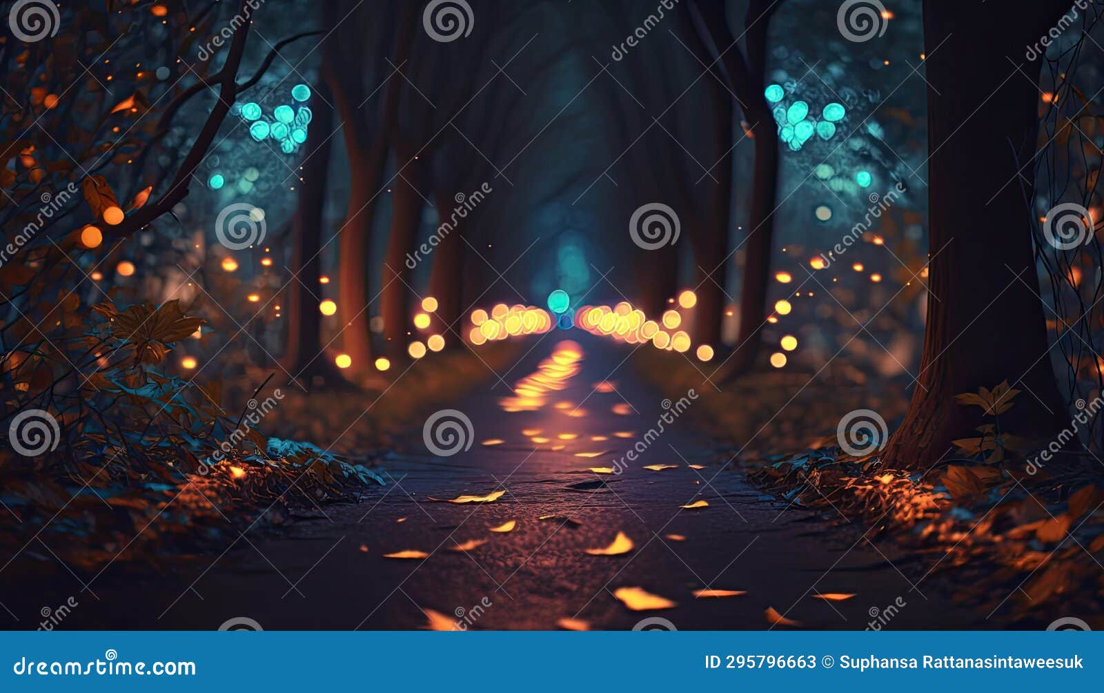 Pathway into the Forest Bright Lights on the Sidewalk Stock ...