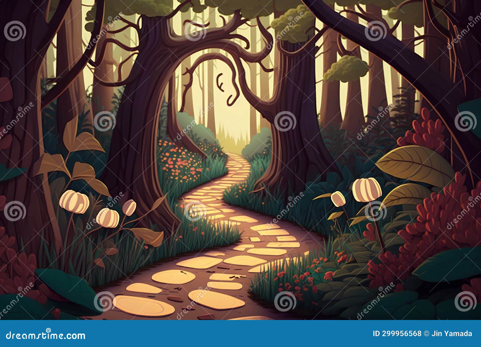 Pathway in the Forest. Cartoon Style Stock Illustration - Illustration ...