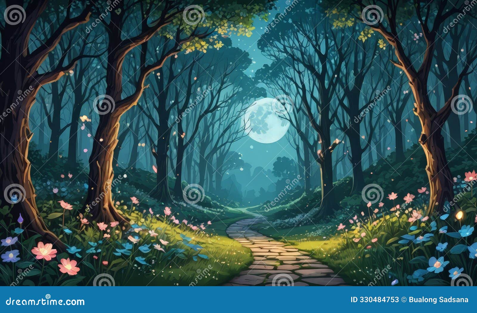 Pathway through the Forest with Flowers and Trees Stock Illustration ...