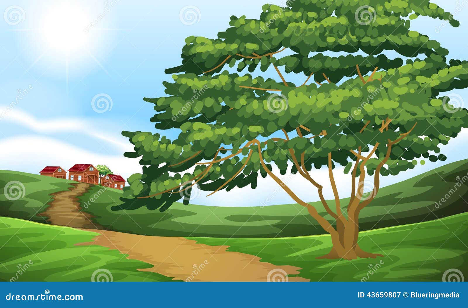 A Pathway Going Through Lush Green Outfield With Trees And Hills ...