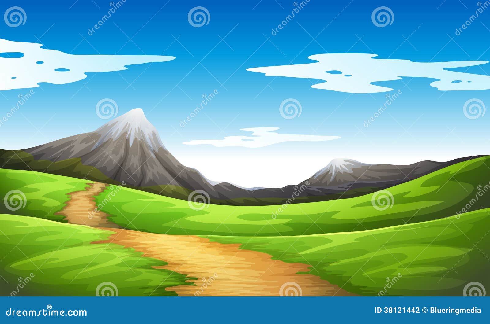 A Pathway Going Through Lush Green Outfield With Trees And Hills ...