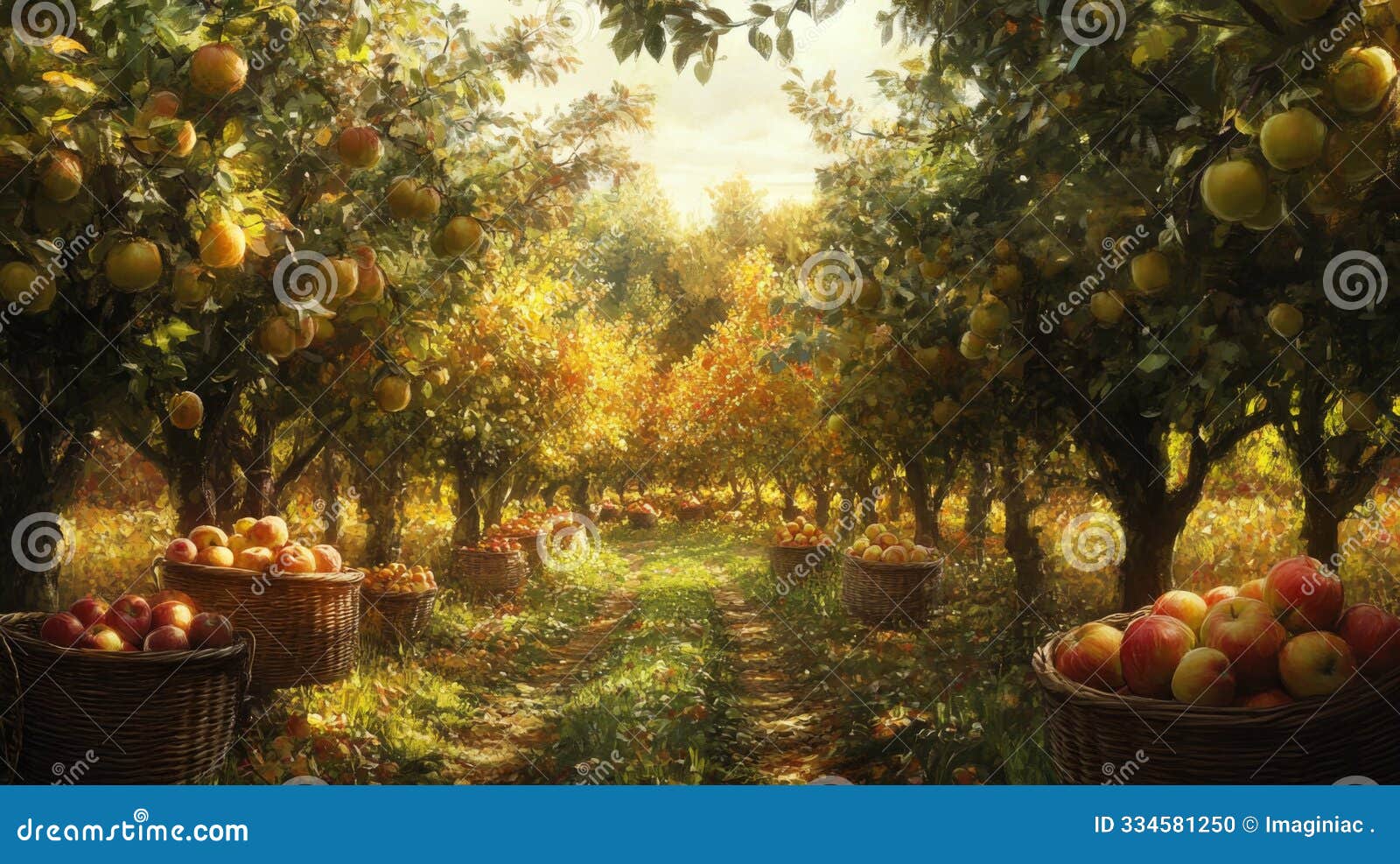 A Pathway through a Golden Apple Orchard Stock Illustration ...