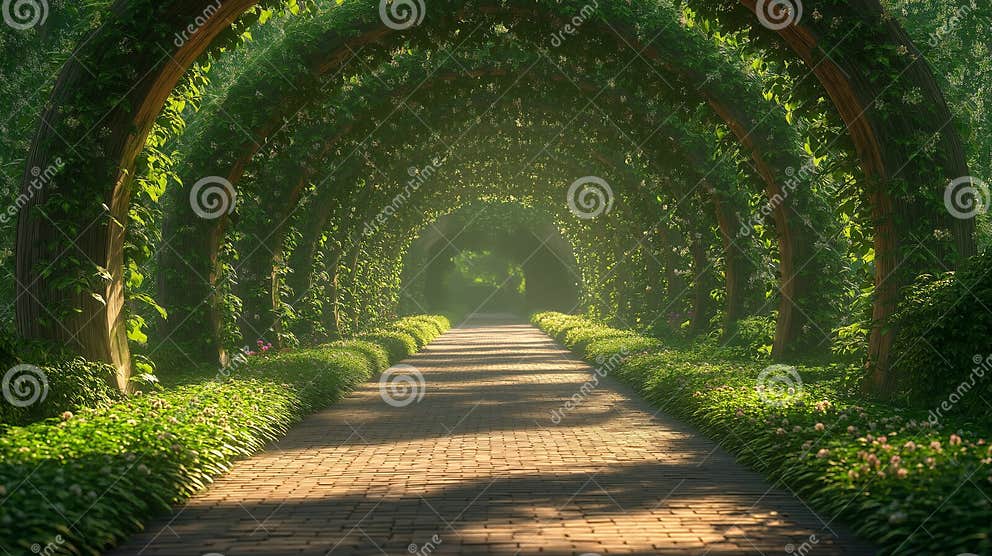 Pathway through a Green Garden with Flowers. 3D Rendering Stock ...