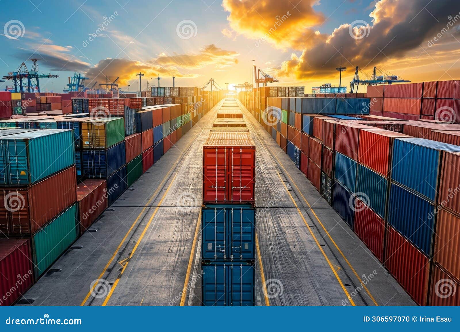 Pathway between High Stacks of Containers at Port. Stock Photo - Image ...