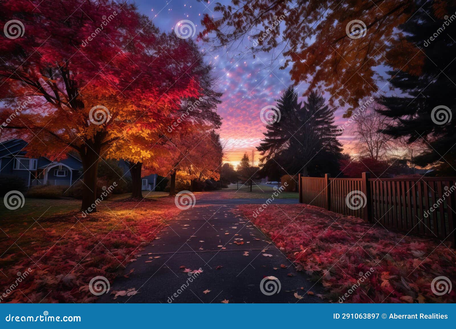 A Pathway Leading To a Tree Lined Street at Sunset Stock Illustration ...