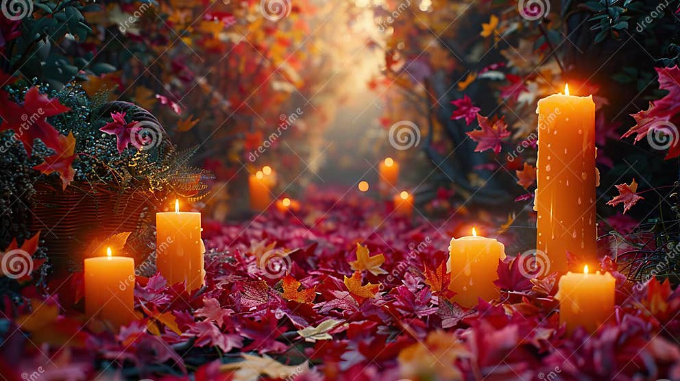 A Pathway Lined with Candles Leading through an Autumnal Forest Stock ...