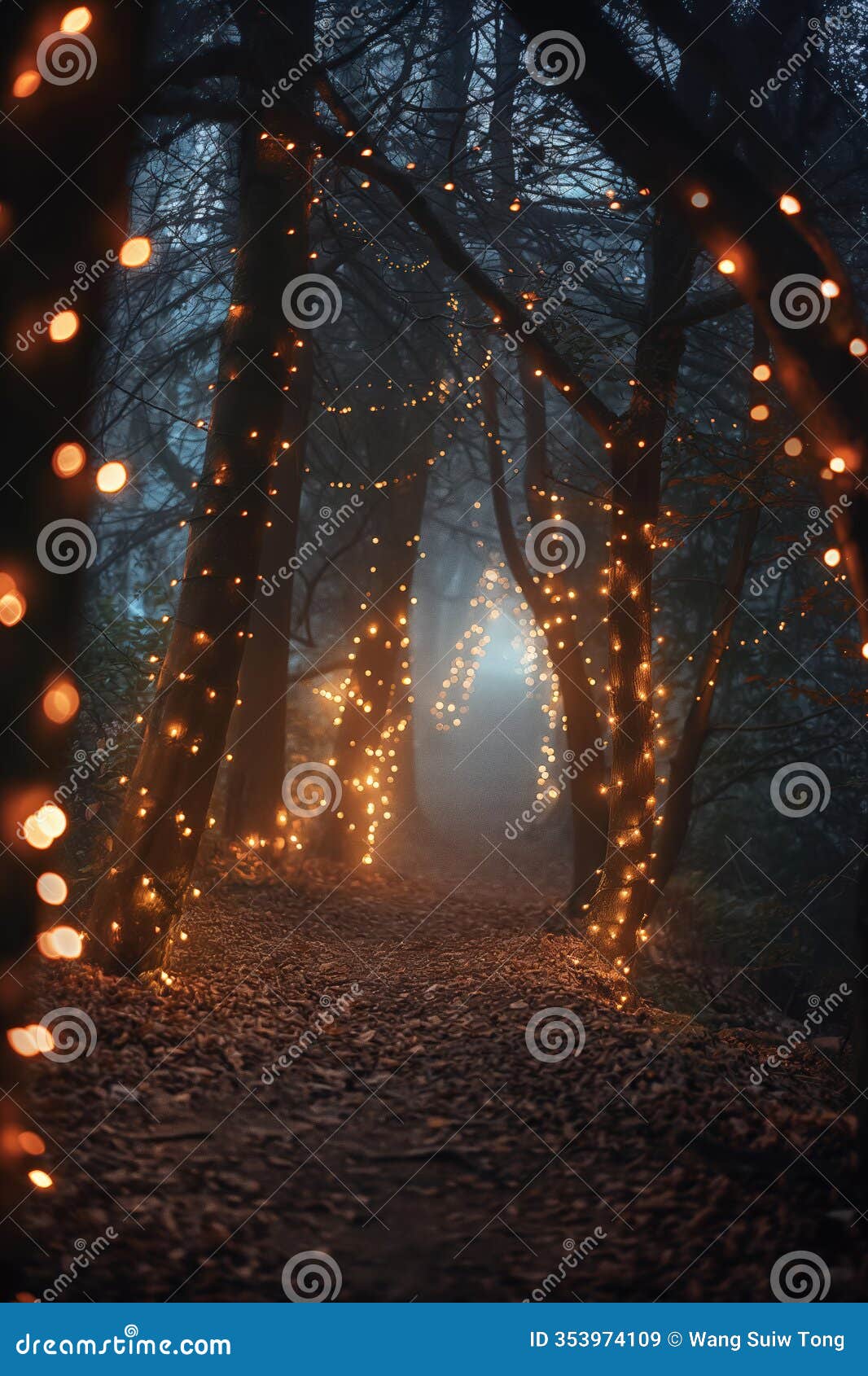 Pathway Lit by String Lights Winding through a Misty Forest at Twilight ...