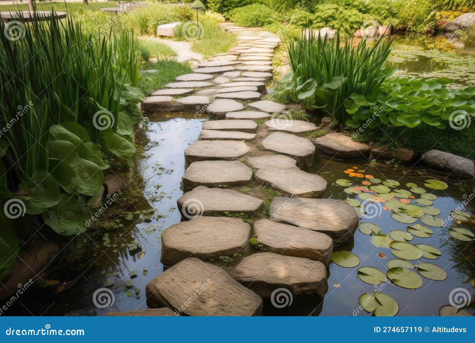 Pathway Made of Interlocking Stones, Leading To a Serene Pond Stock ...