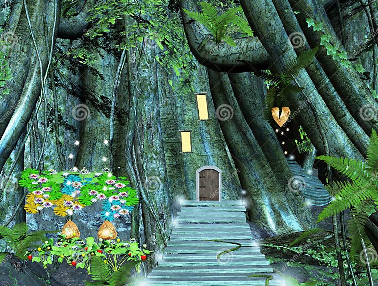 Pathway into a Magic Forest Stock Illustration - Illustration of lamps ...
