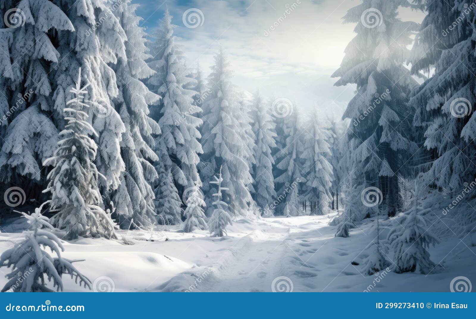 Pathway Meanders through a Serene Snow-laden Forest, with Sunlight ...