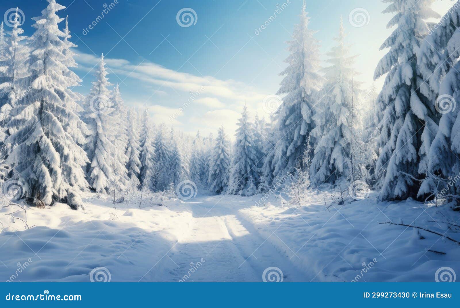Pathway Meanders through a Serene Snow-laden Forest, with Sunlight ...