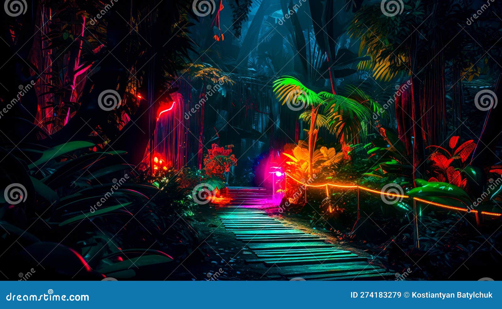 Pathway in the Middle of Jungle with Neon Lights. Generative AI Stock ...