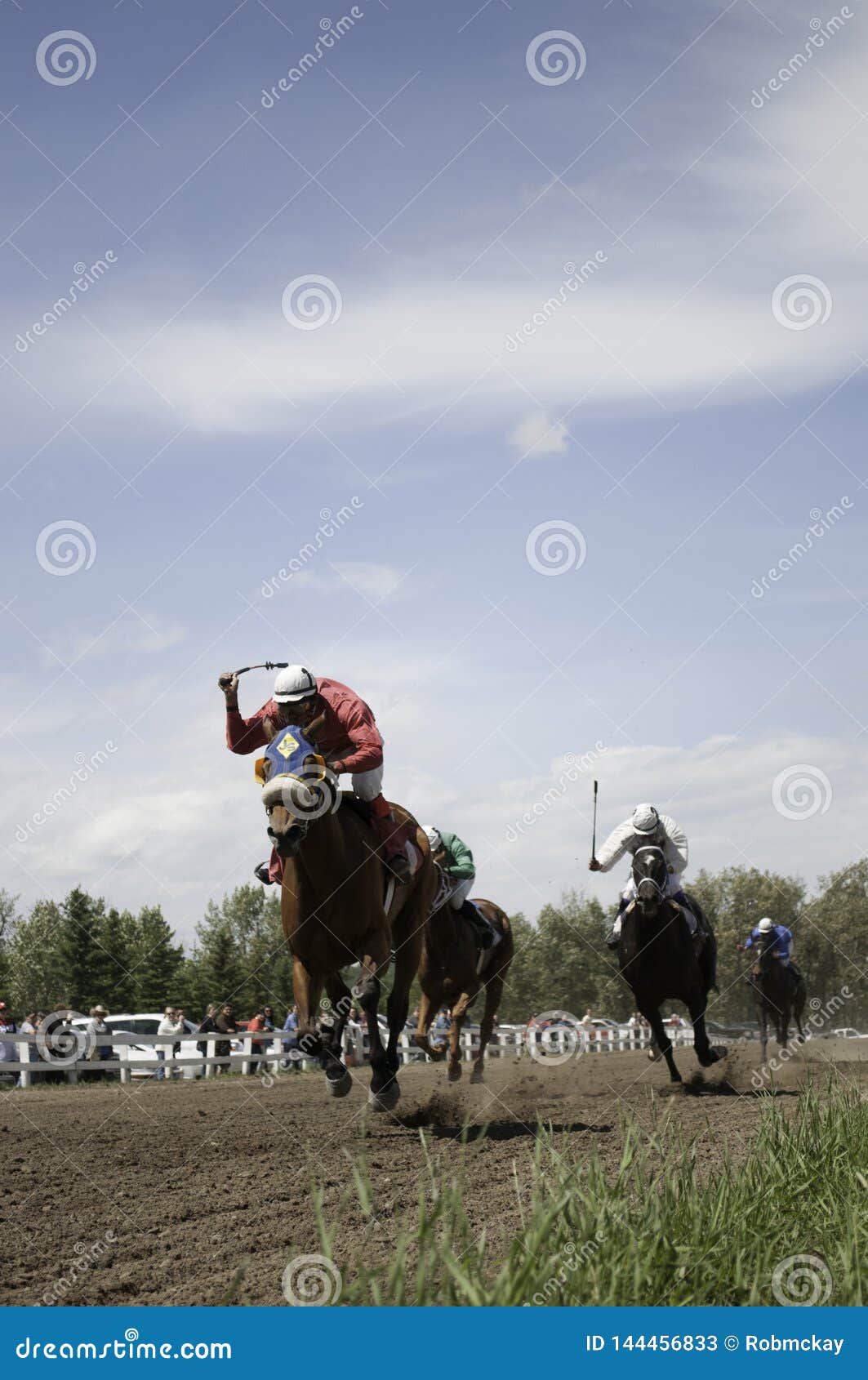 Fast Action Horse Racing Okey`s Riding Fast Along a Dirt Race Track ...