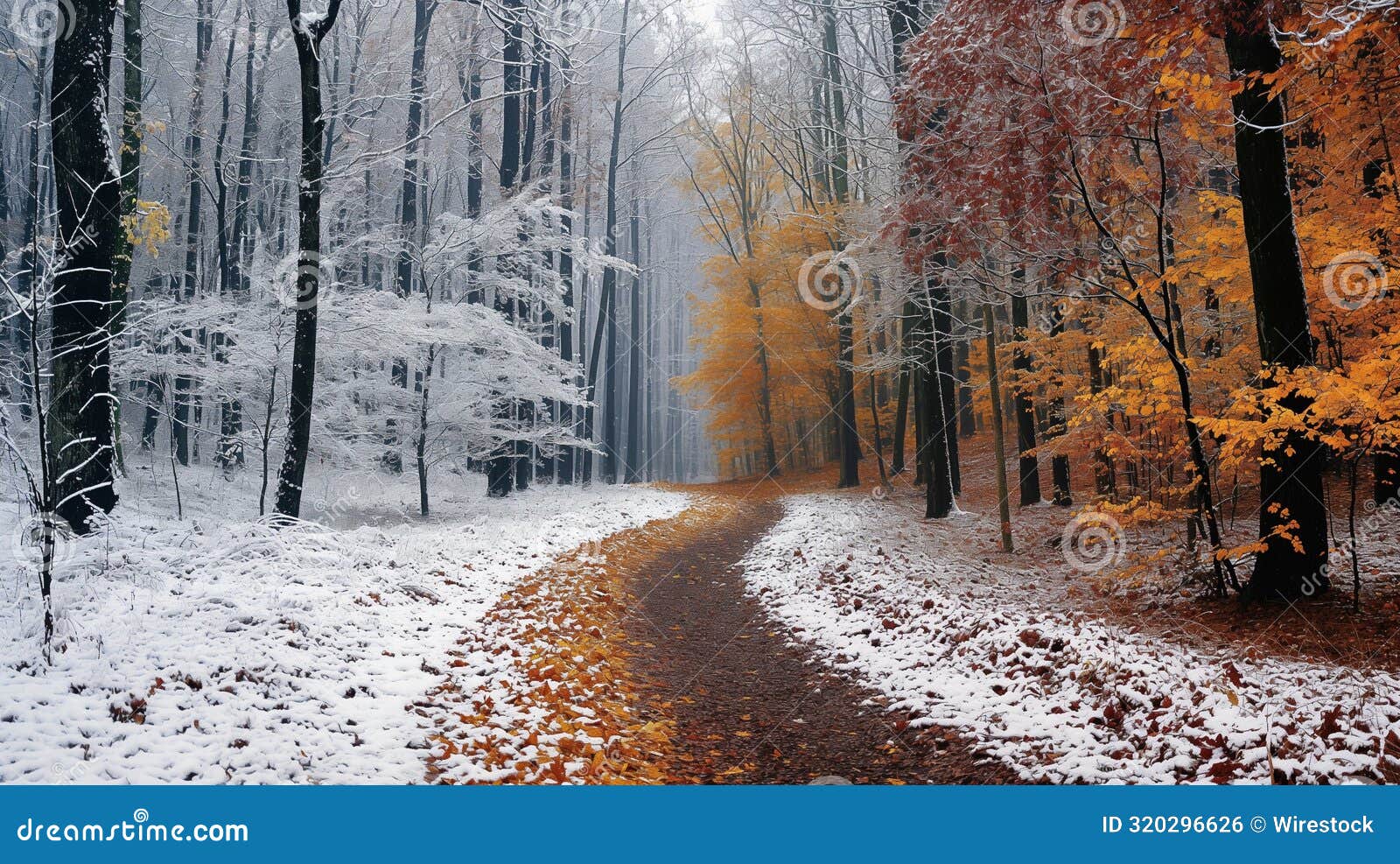Pathway through Snowy Forest with Orange Leaves, AI-generated. Stock ...